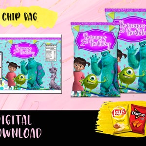 Monsters, Inc Birthday Party Pack - Chip Bag - Candy Bar - Juice Label ...
