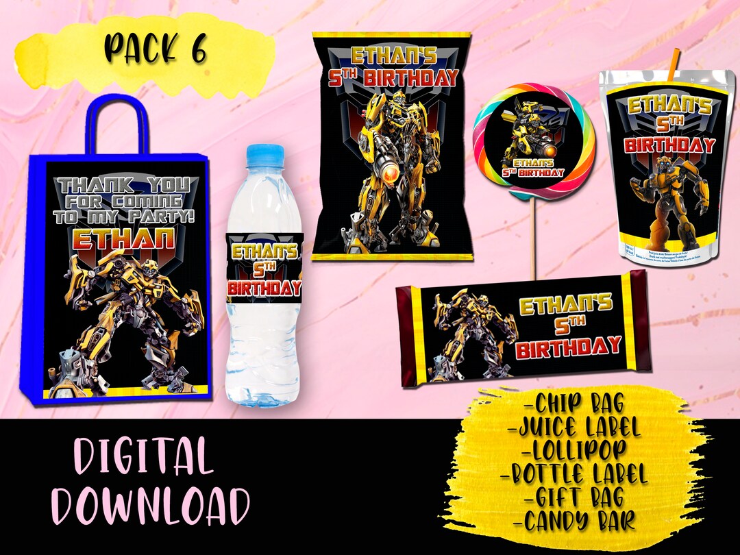 Bumblebee Birthday Party Pack - Chip Bag - Candy Bar - Juice Label ...