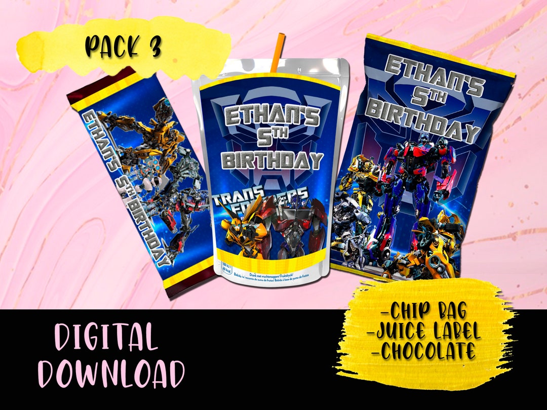 Transformers Birthday Party Pack - Chip Bag - Candy Bar - Juice Label ...