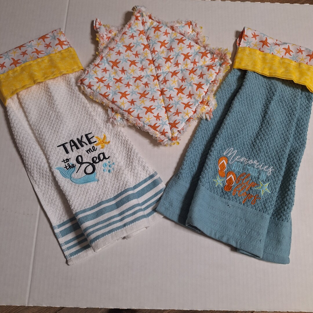 Kitchen 4 Pc Set Combo 2 Embroidered Hanging Towels and 1 Set of ...