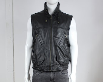 Dark Brown Leather Vest 90s Biker Zip up DEADSTOCK Waistcoat Top Rocker ...