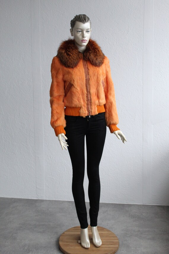 Orange Rabbit Fur Jacket 70s Style Bomber Collared Fo… - Gem