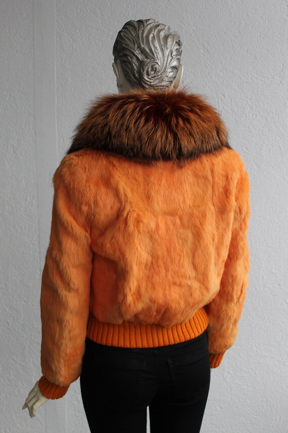 Orange Rabbit Fur Jacket 70s Style Bomber Collared Fo… - Gem