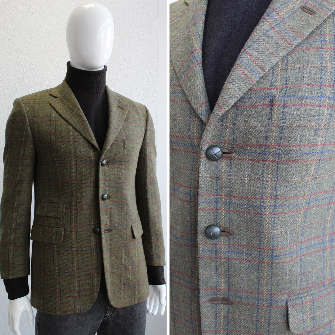 Daks Tweed Jacket Vintage Blazer Tartan Wool Plaid Green Khaki Blue ...