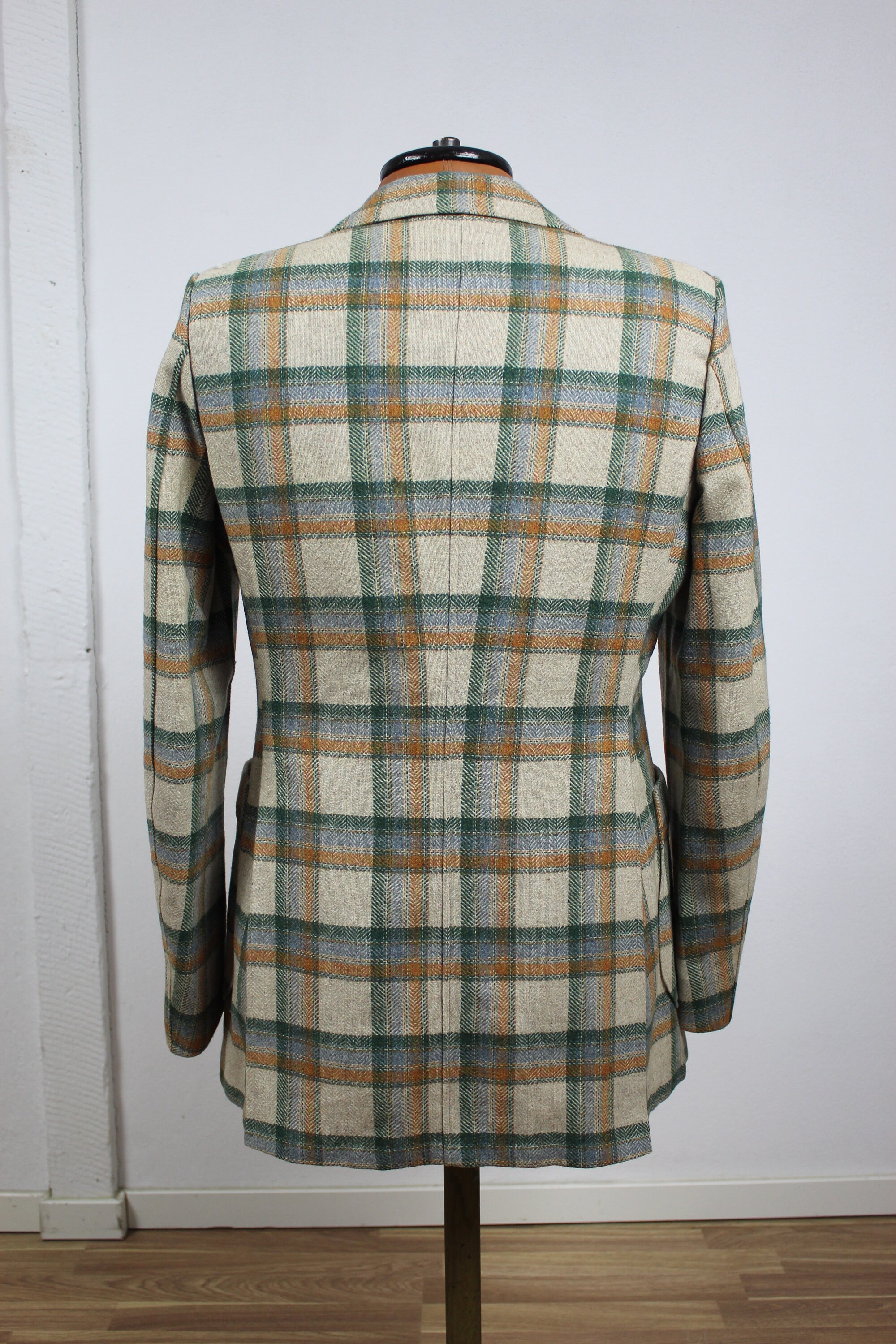 Tartan Blazer 70s Green Orange Beige Check Wool Tweed Mod Jacket Preppy ...