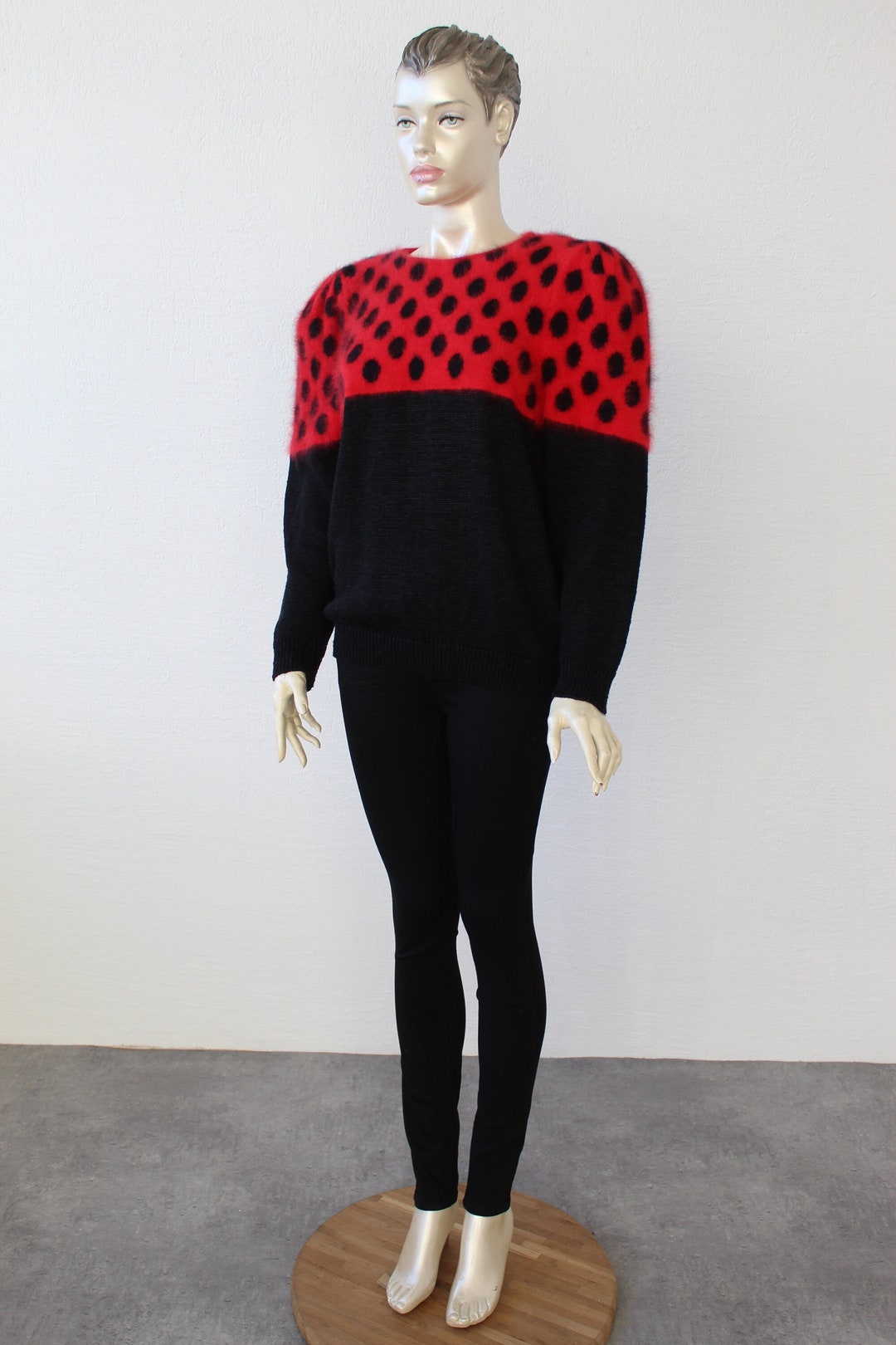 Ladybug Angora Sweater 80s Pullover Puff Sleeve Red Black Jumper Knit ...