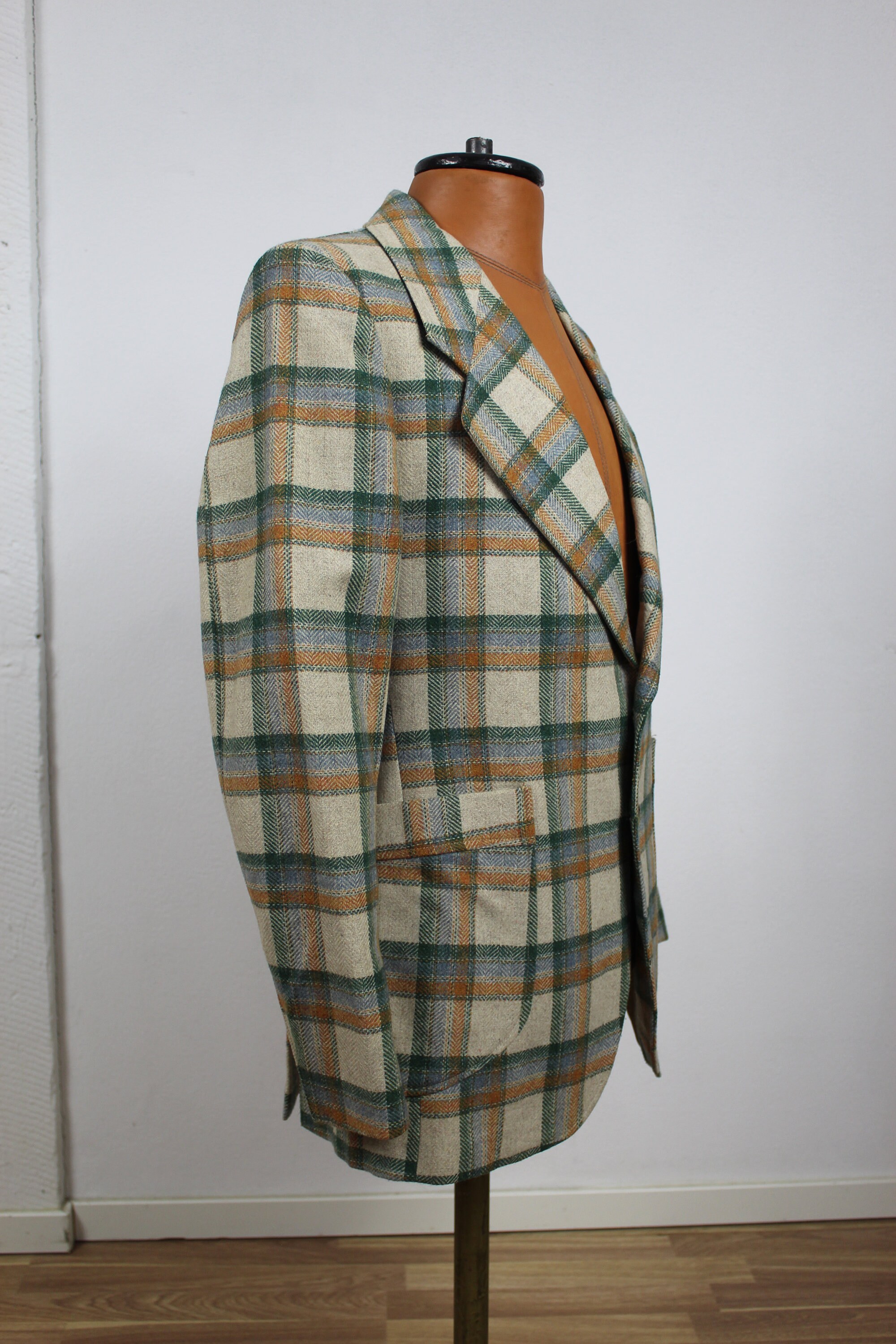 Tartan Blazer 70s Green Orange Beige Check Wool Tweed Mod Jacket Preppy ...