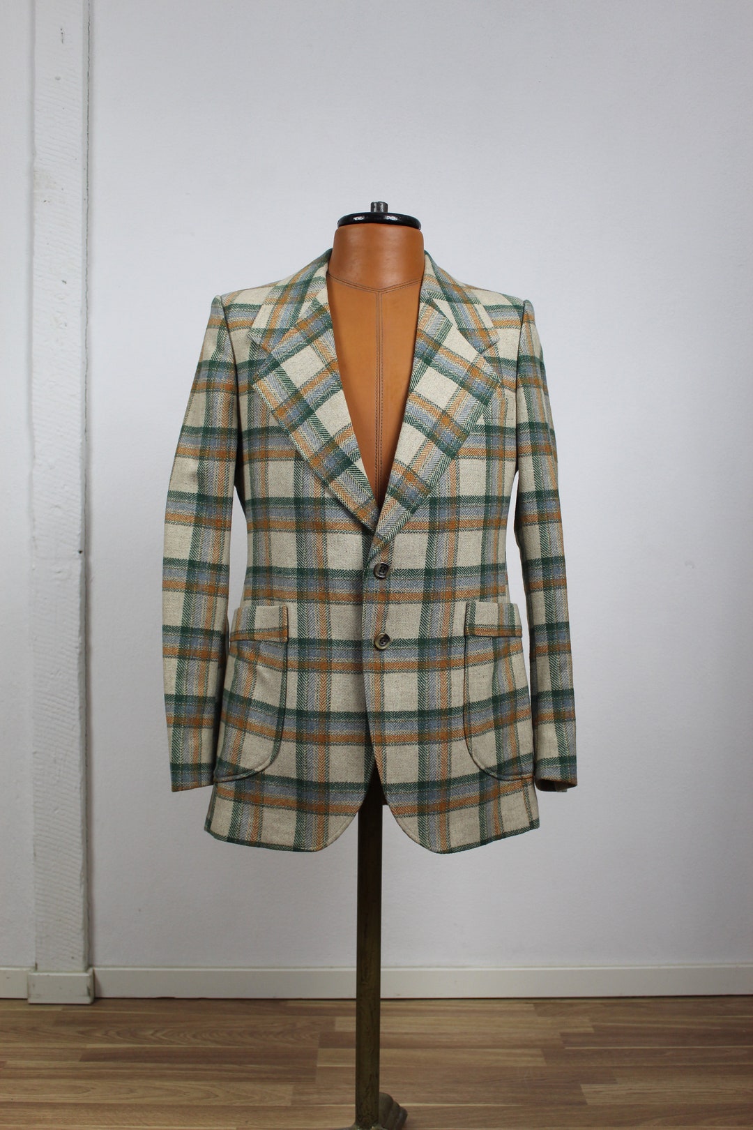 Tartan Blazer 70s Green Orange Beige Check Wool Tweed Mod Jacket Preppy ...