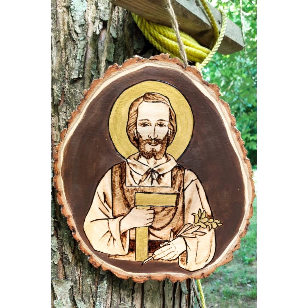 St. Joseph Wood Burned Rustic Wood Round With Gold Details - Etsy