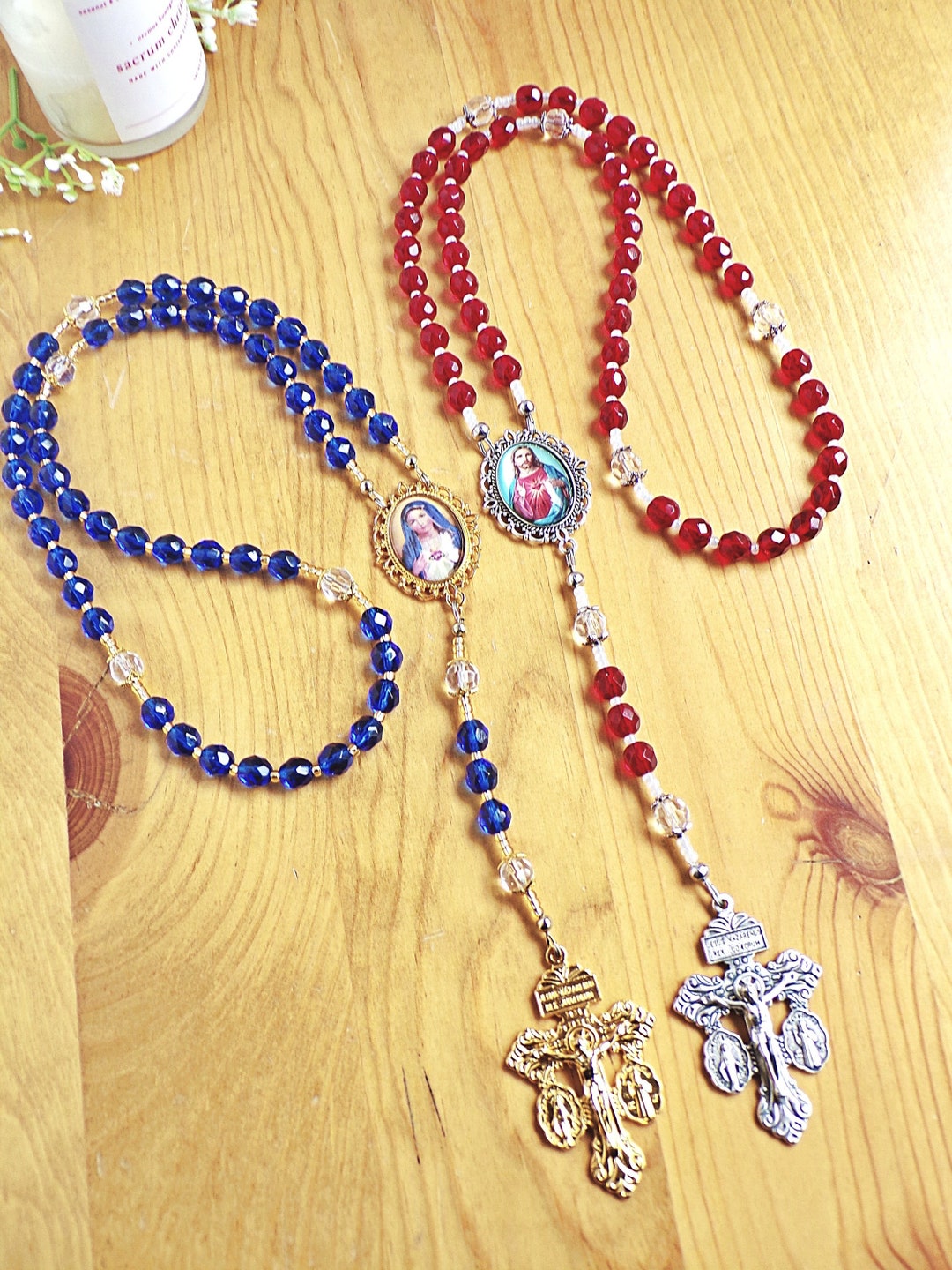 Czech Glass Rosary Set – Sacred Heart & Immaculate Heart, Catholic Gift ...