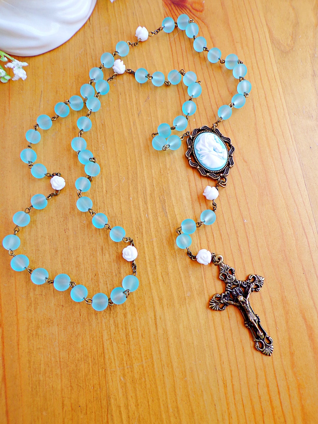 Blue Virgin Mary and Child Jesus Handmade Cameo Chain Rosary - Etsy