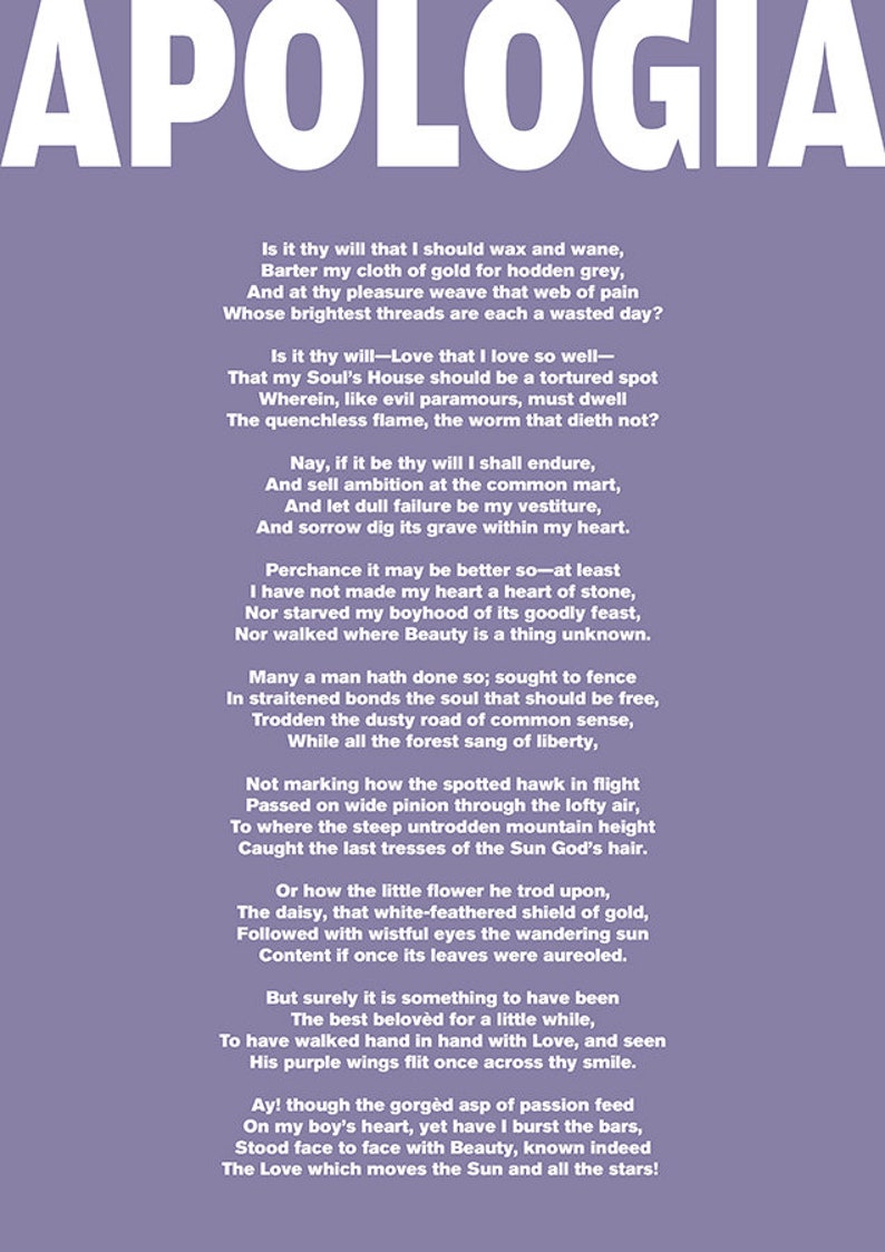 Apologia by Oscar Wilde Apologia Poem Poster Apologia Poetry - Etsy