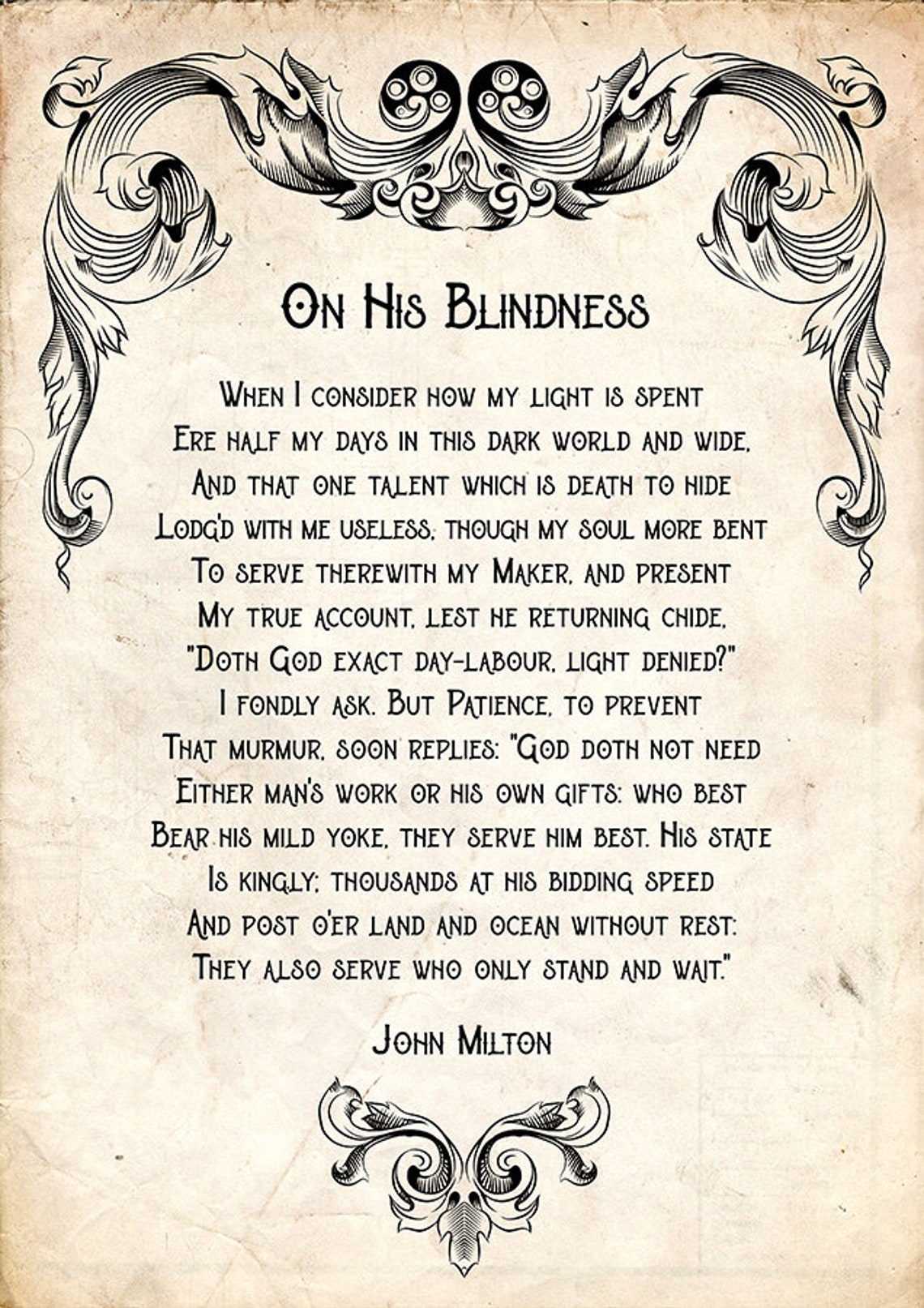On His Blindness Poem by John Milton John Milton Poetry - Etsy