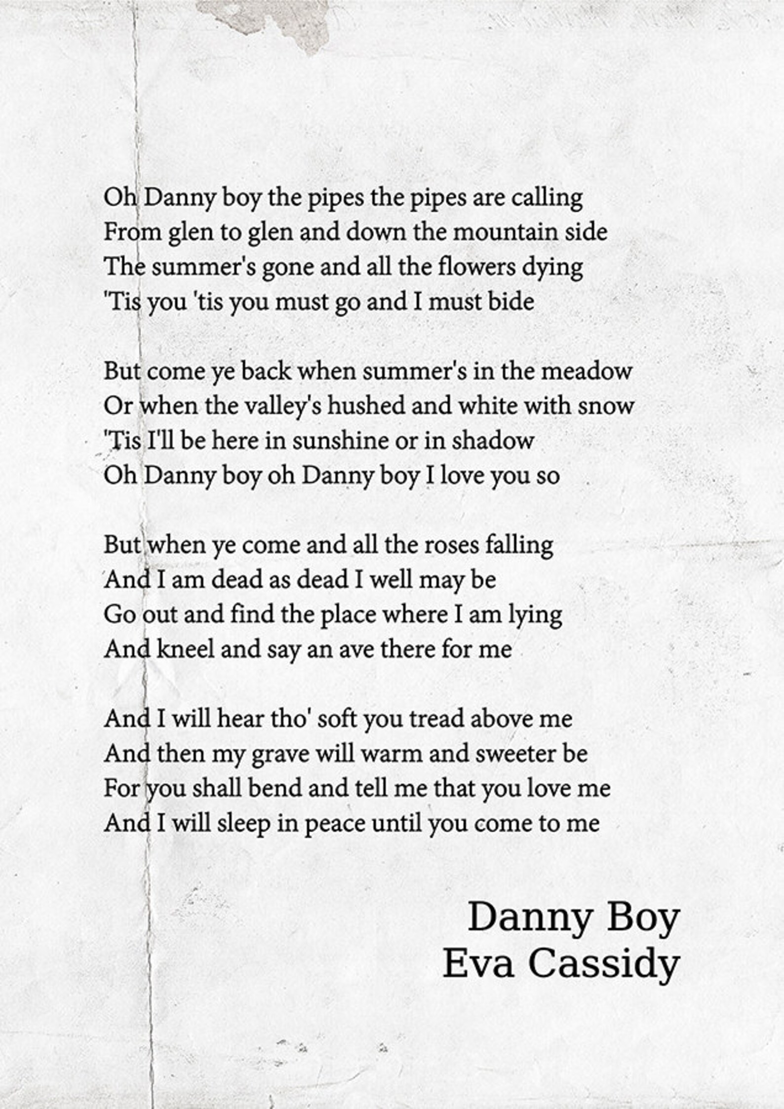 Danny Boy Eva Cassidy Eva Cassidy Eva Cassidy Lyrics - Etsy Australia