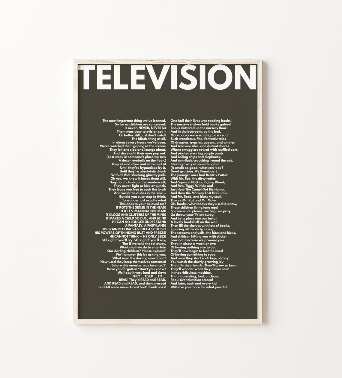 Television Poem by Roald Dahl Roald Dahl Roald Dahl Poem - Etsy