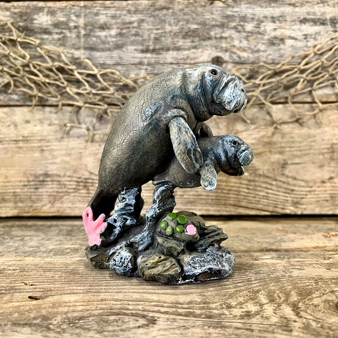 Realistic Hand-painted Resin Mother and Baby Manatee on River Rocks ...