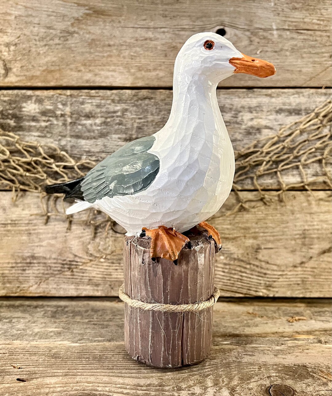 Wood-look, Hand-painted Resin Seagull on Post Statue With Nautical Rope ...