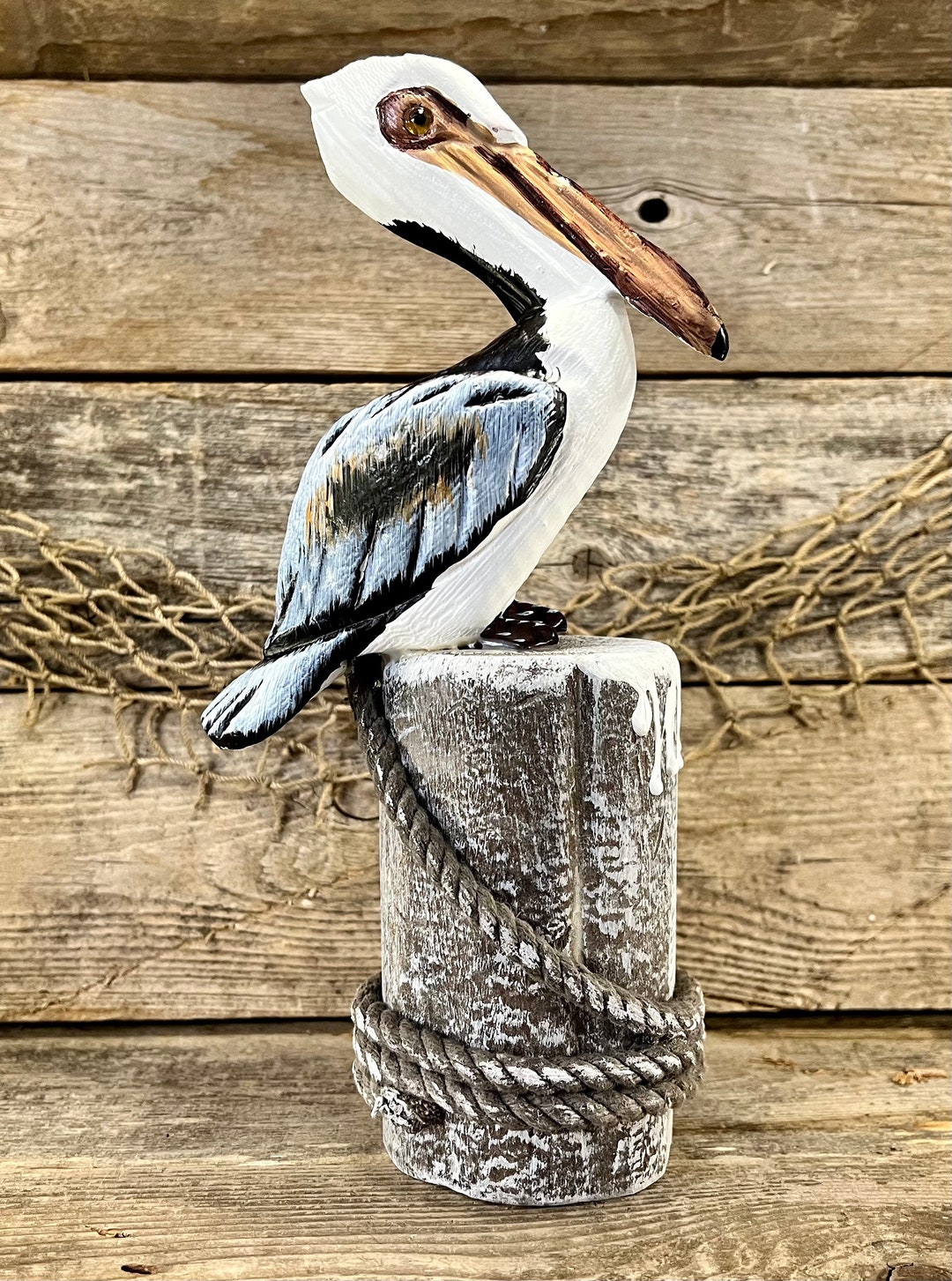 Hand-carved and Hand-painted Wood Coastal Pelican on Pilings With Rope ...