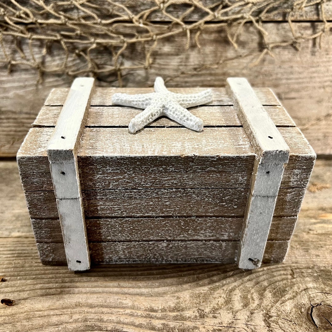 Handmade Whitewashed Wood Coastal Keeper Box With Resin Starfish Accent ...