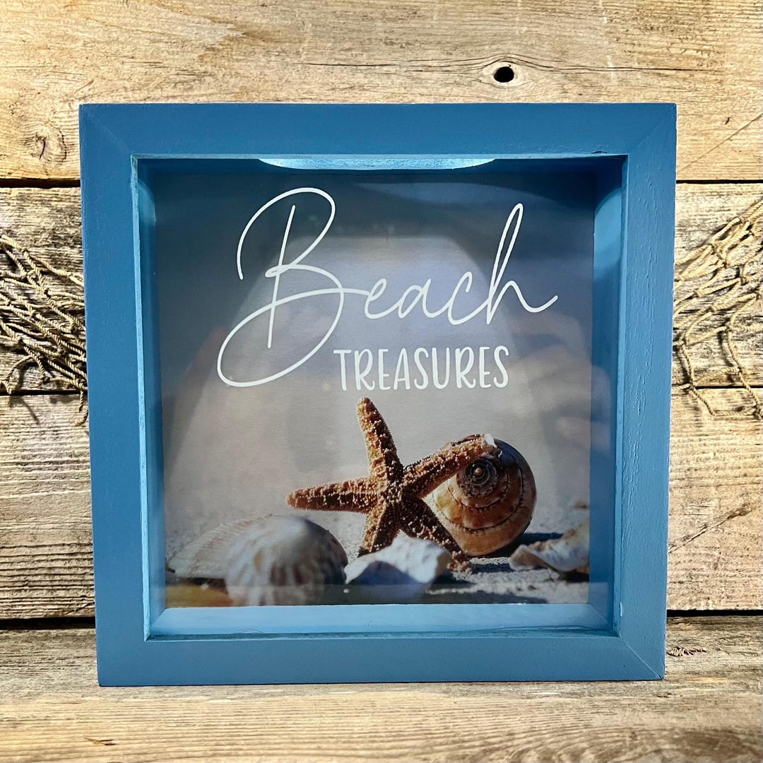 Blue “beach Treasures” Seashell Shadow Box Keeper With Glass Display ...