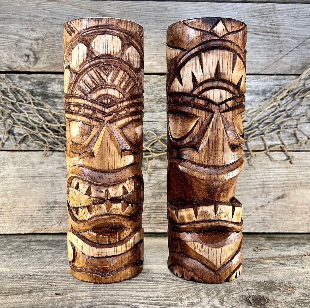 Hand-carved Wood “kahuna” and “chieftain” Tiki Totem Pole Tabletop ...