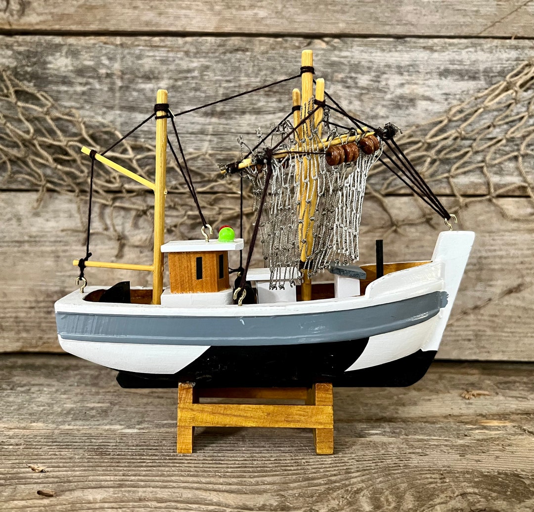 Handmade Gray and White Fishing Trawler on Wood Stand - Etsy