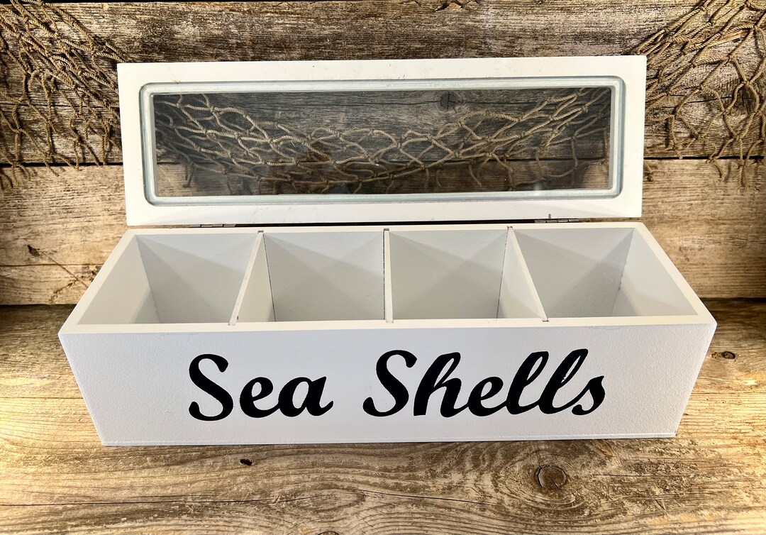 Distressed White and Navy Blue Seashell 4 Compartment Collection Box ...