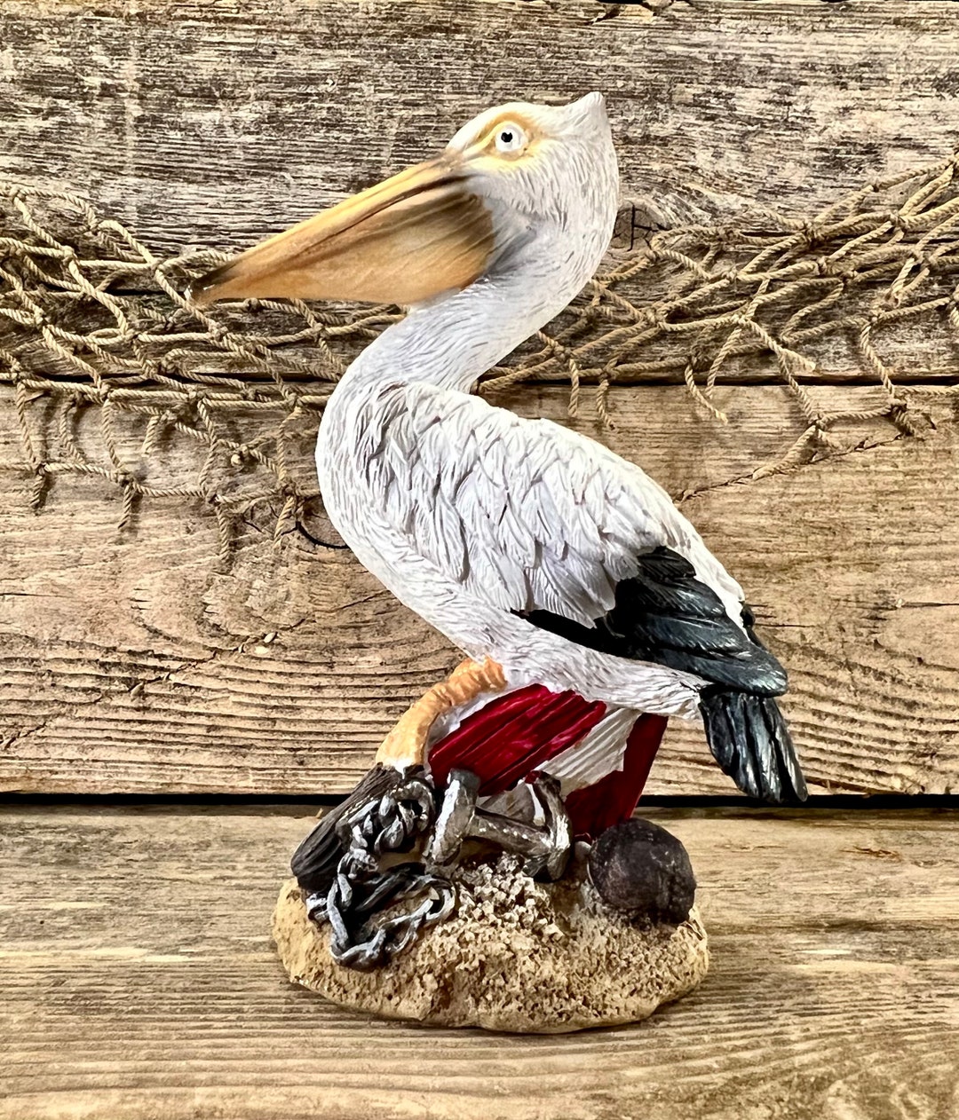 Hand-painted Resin Coastal Pelican Perched on Boat Wreck With Seashell ...