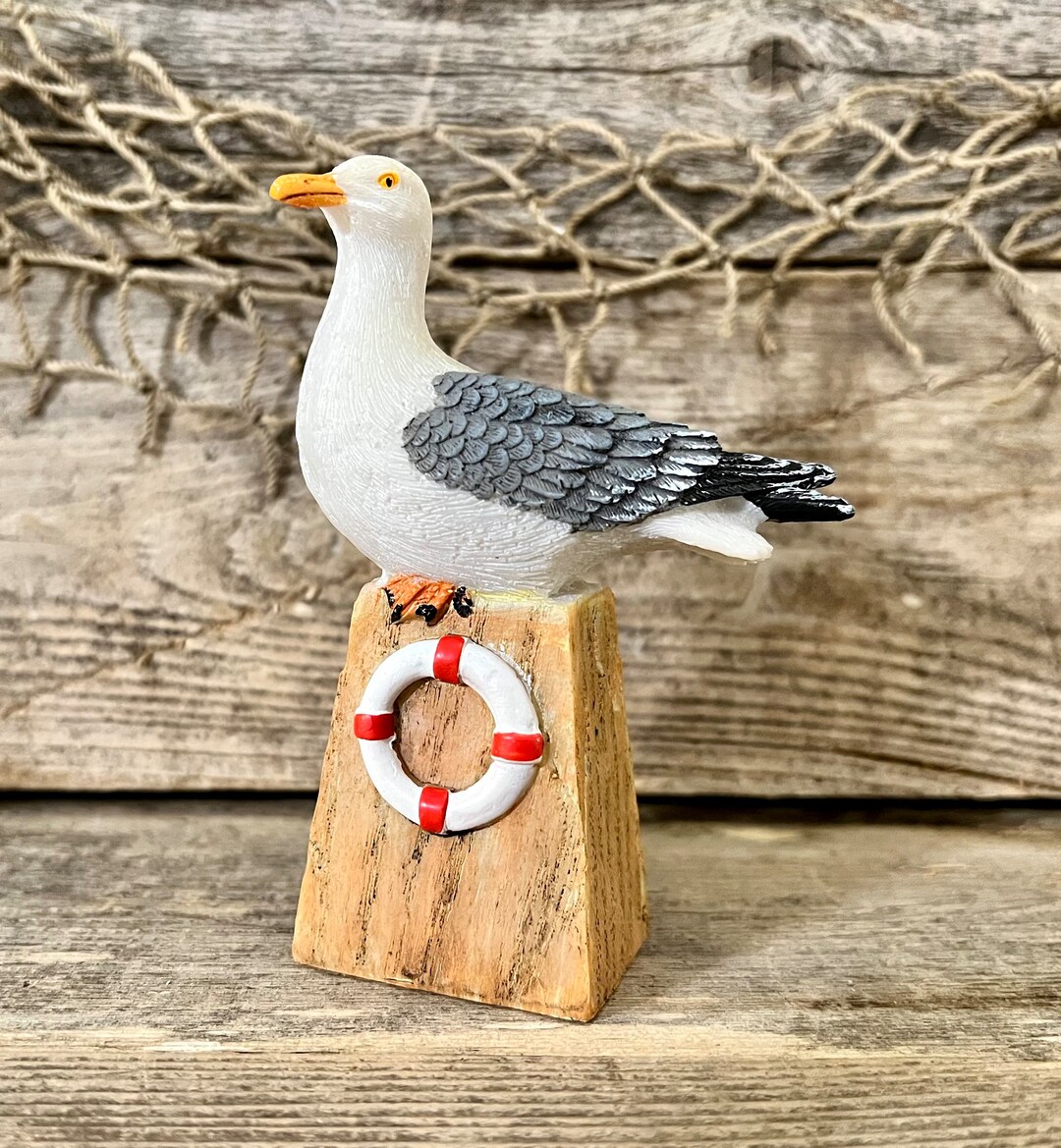 Miniature Hand-painted Resin Seagull Perched on Wood-look Block With ...