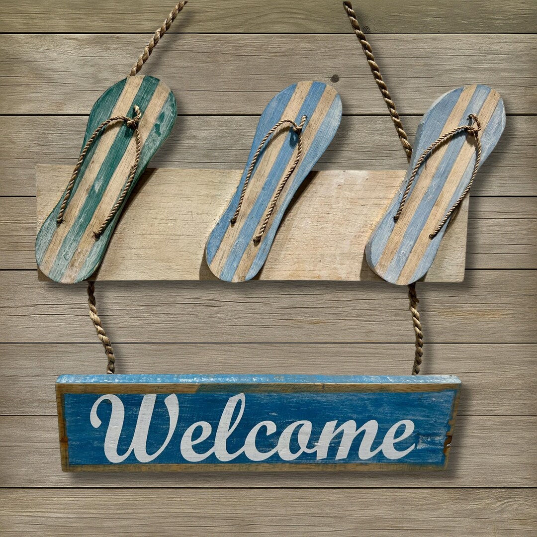 Flip Flop Welcome Sign Hand Painted Wood Coastal Wall Decor Beach House ...