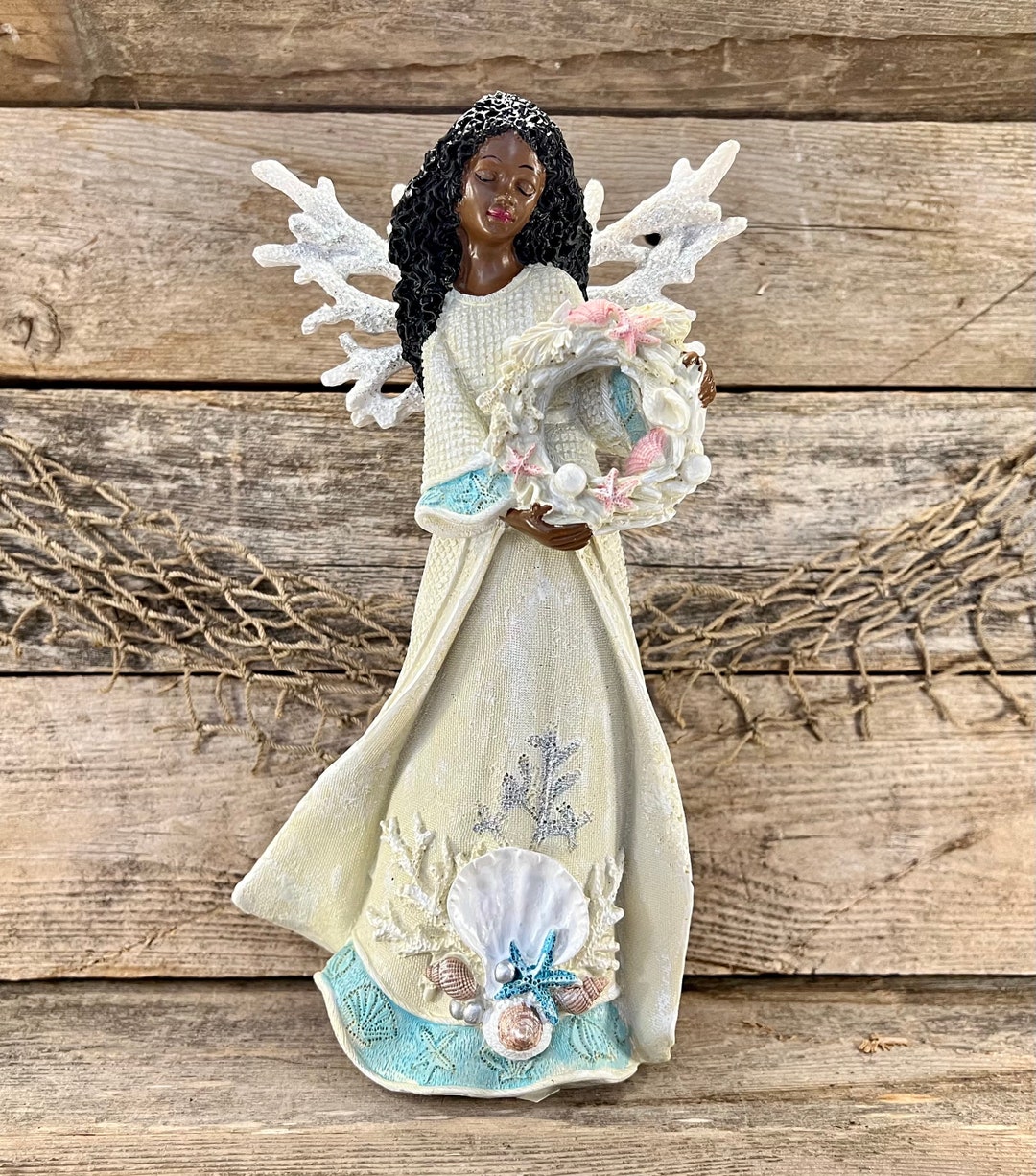 Caribbean Coastal Angel Figurine, Seashell Starfish Wreath, Resin Decor ...