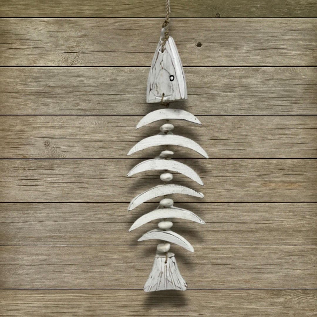 Distressed White Wood Fish Dangler Handcarved Nautical Tiki Wall Decor ...