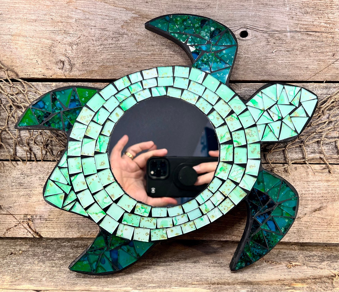 Mosaic Glass Sea Turtle Mirror With Blue, Turquoise, Green and Aqua ...