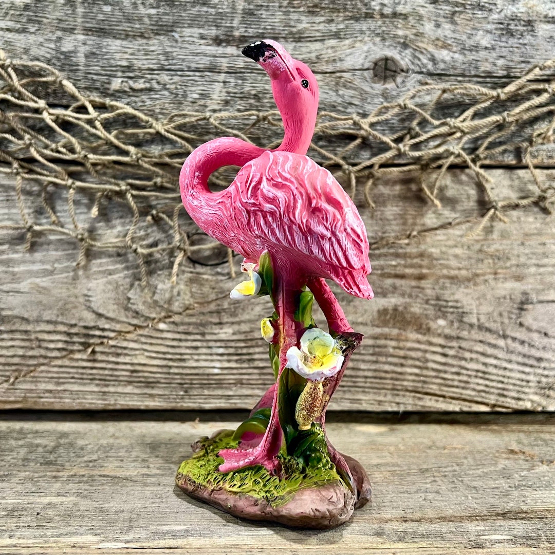 Pink Flamingo Gazing Upward With White Tropical Flowers Hand-painted ...