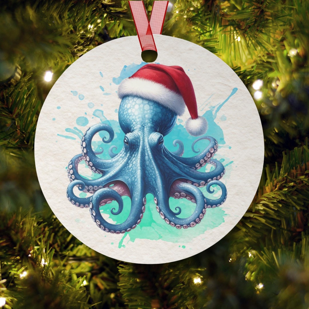 Santa Octopus Watercolor Ornament Blue Octopus Christmas Decor Coastal ...
