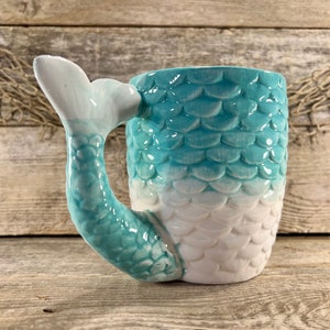 OVERSIZED Mermaid Tail Aqua Green and White Glazed Ceramic Coffee Mug ...