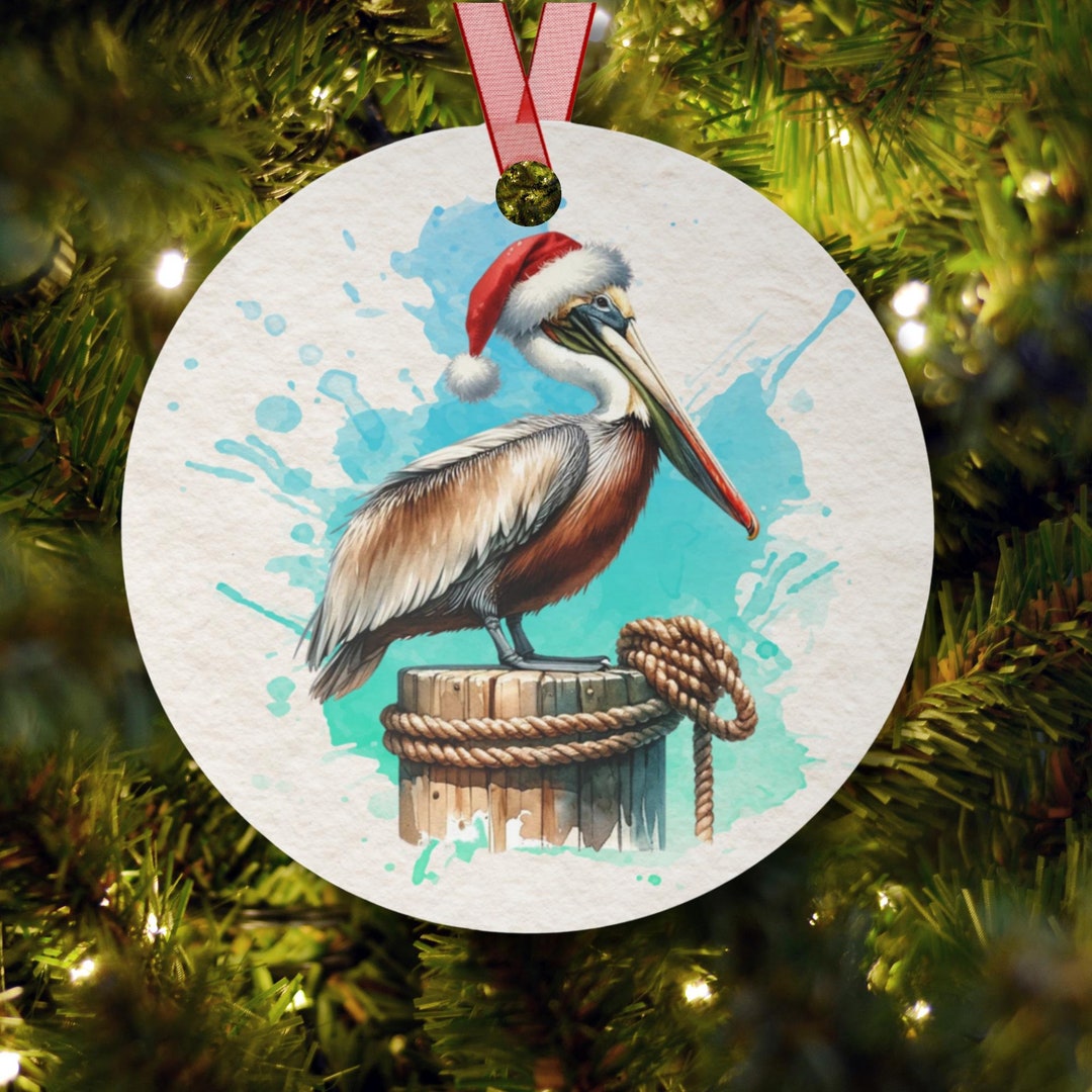 Santa Pelican Watercolor Ornament Whimsical Pelican Christmas Coastal ...