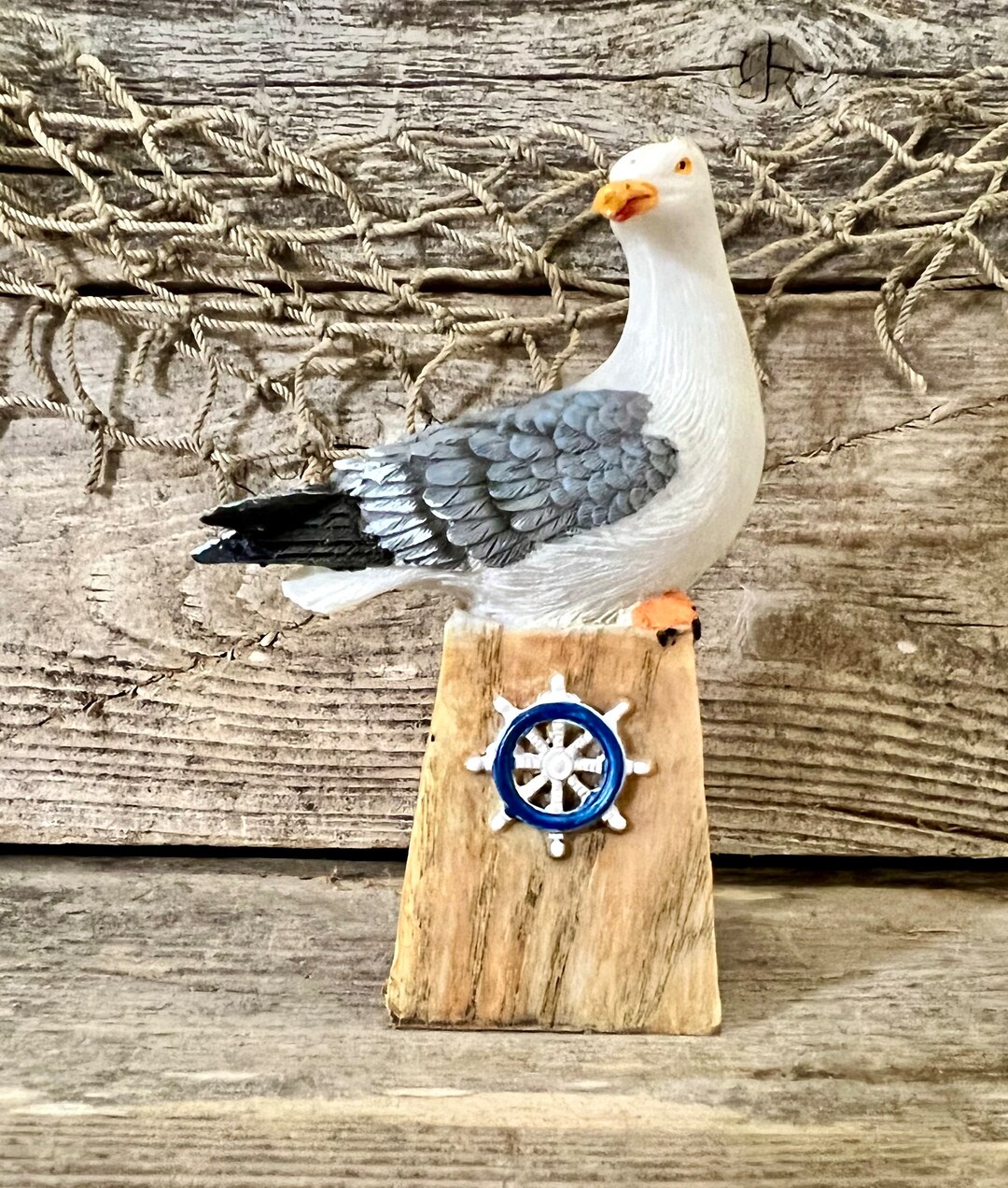 Miniature Hand-painted Resin Seagull Perched on Wood-look Block With ...