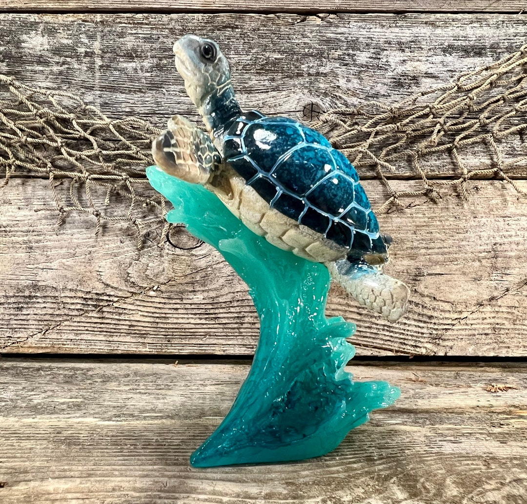 Polyresin Blue Sea Turtle Riding Acrylic Aquamarine Ocean Wave ...