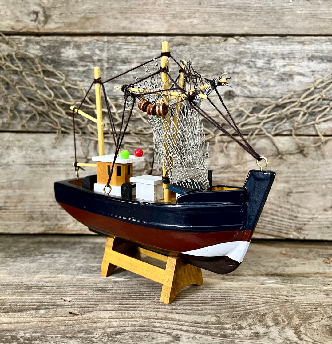 Handmade Navy, Maroon, and White Fishing Trawler on Wood Stand - Etsy