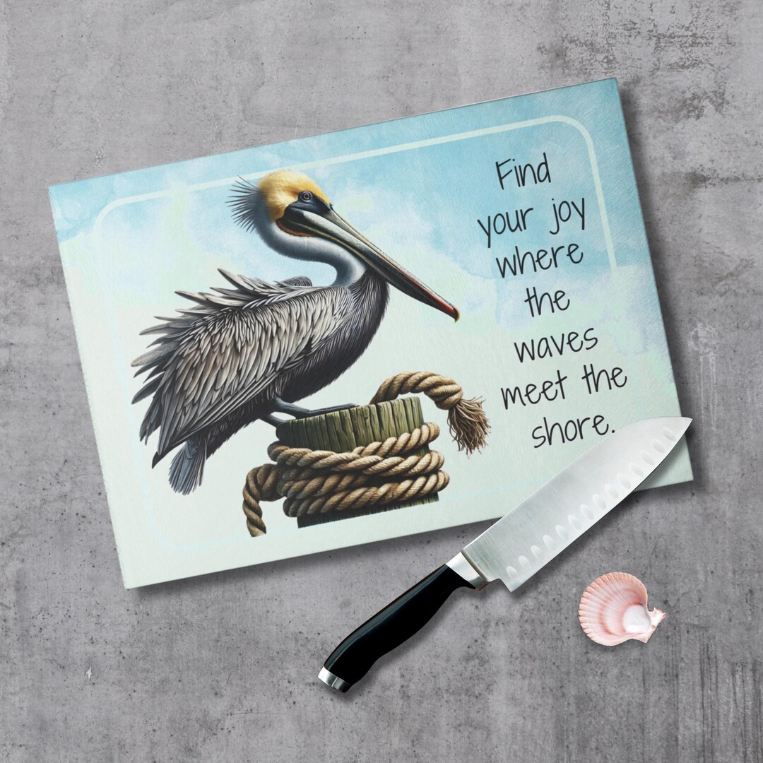 Coastal Pelican on Piling Cutting Board Tempered Glass Textured ...