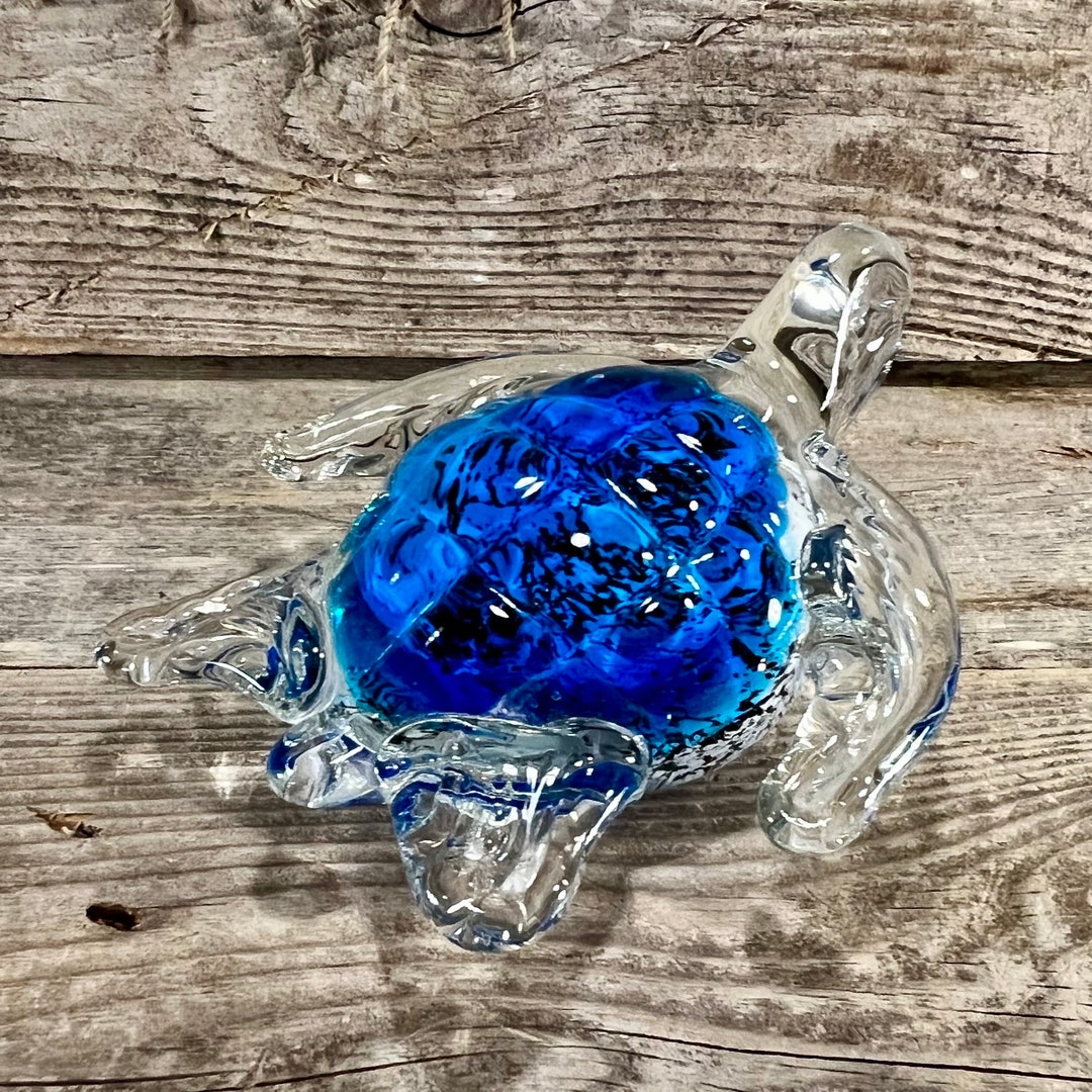 Handblown Glass Crystal Clear Sea Turtle With Blue Swirl Tortoise Shell ...