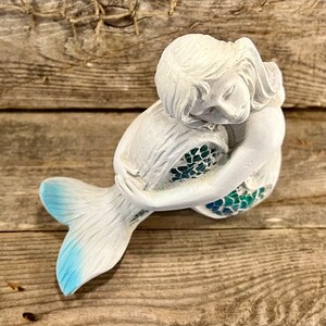 Beach-inspired Sitting Mermaid Figurine Statuette Handcrafted Wood-look ...
