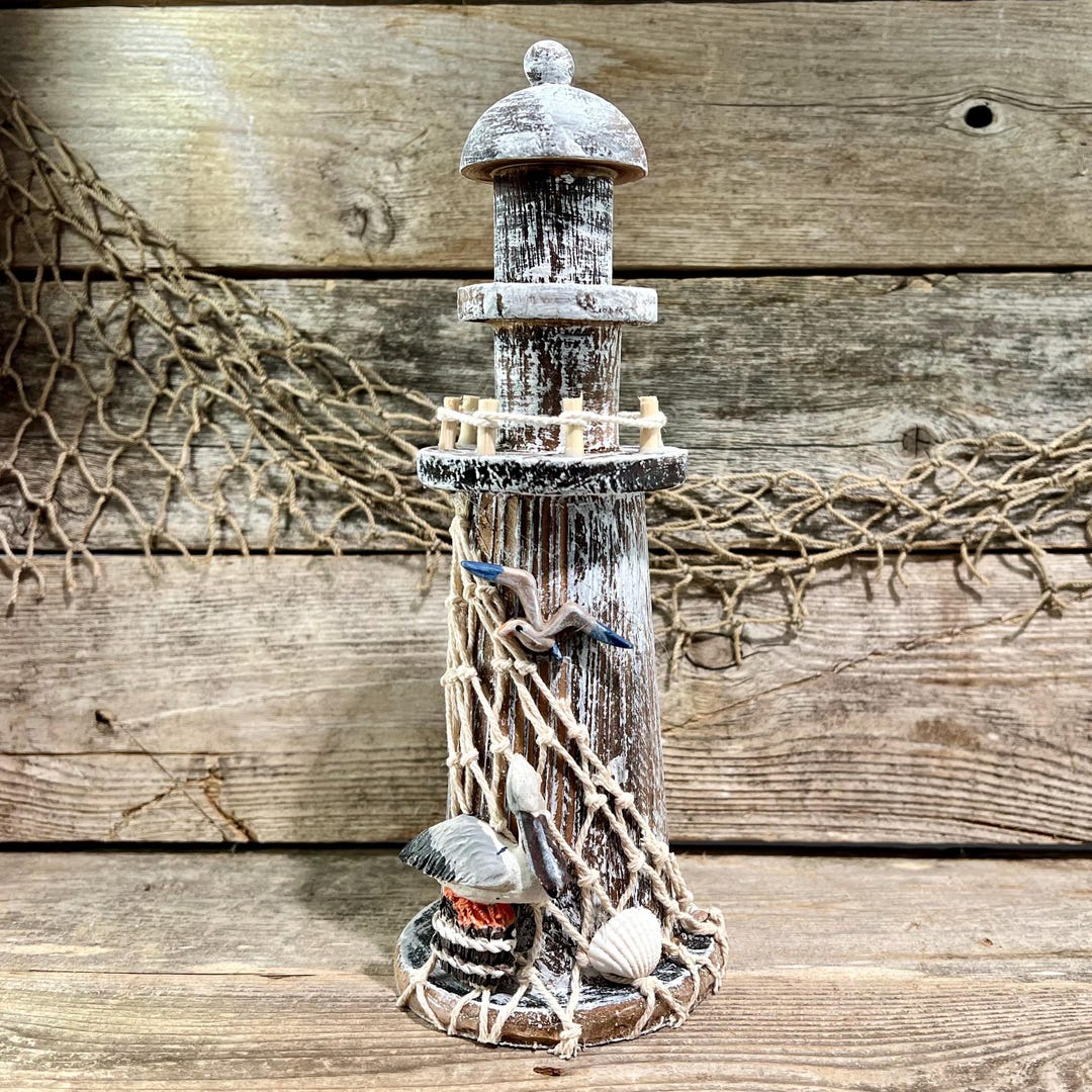 Distressed Coastal Lighthouse Statue Pelican Seagull Seashell Fishing ...