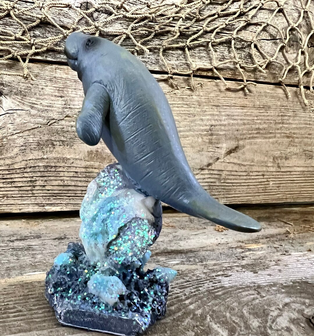 Miniature Resin Florida Manatee on Sparkling Crystal-look River Rock ...