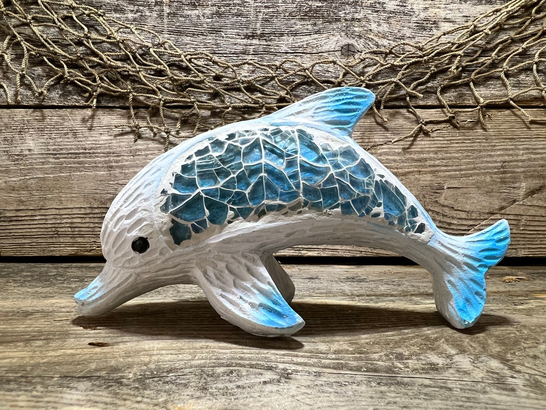 Bottlenose Dolphin Wood-look Plaster Figurine With Mosaic Glass ...