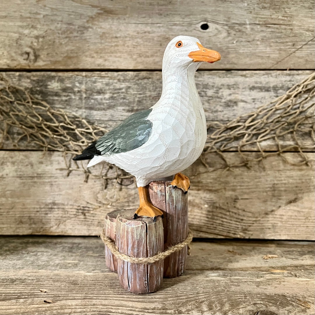 Hand-painted Wood-look Resin Seagull on Pilings Statue - Etsy