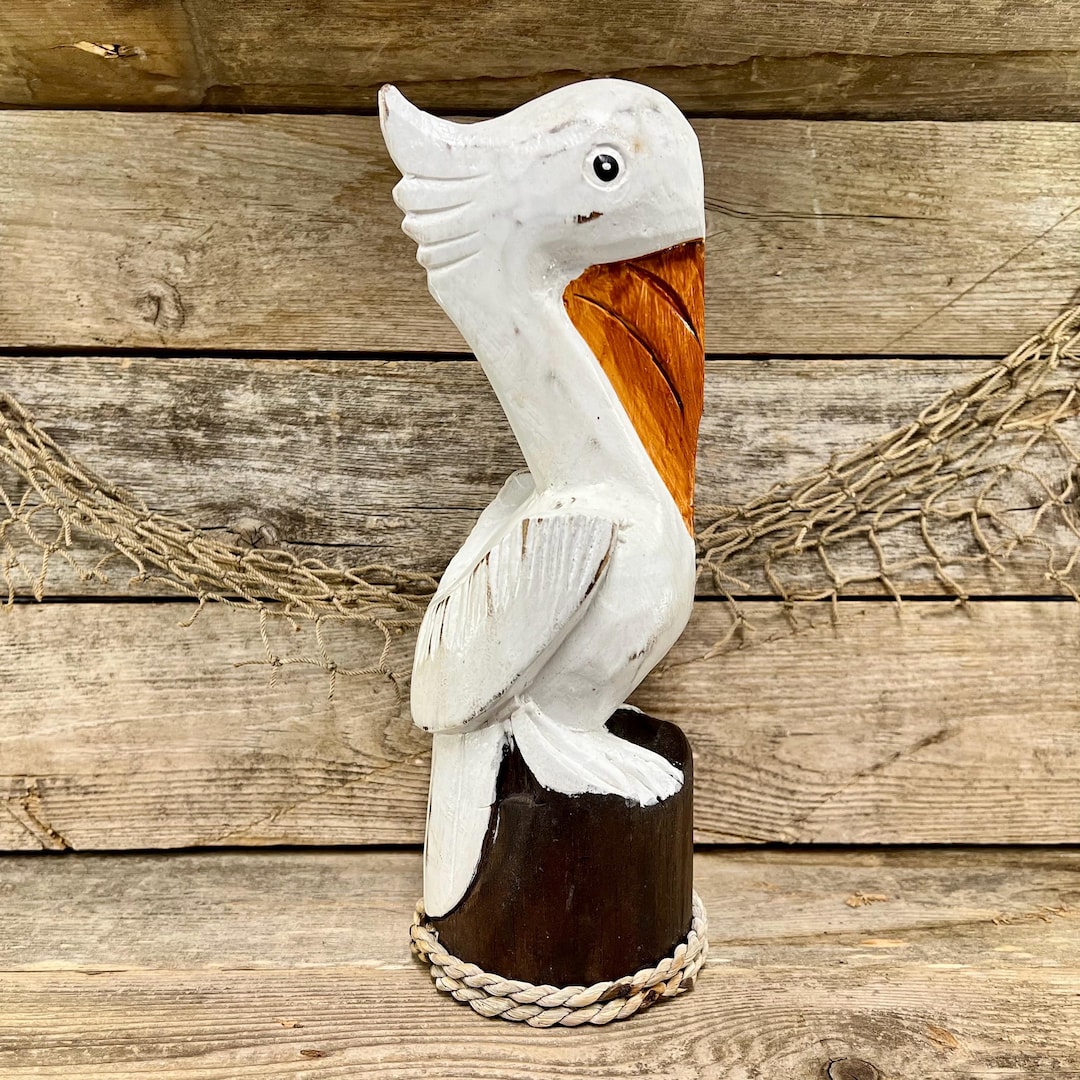 Hand Carved Wooden Pelican Statue: Rustic Coastal Decor - Etsy