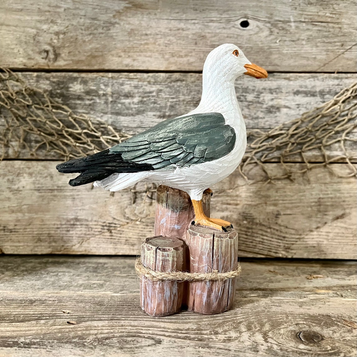 Hand-painted Wood-look Resin Seagull on Pilings Statue - Etsy