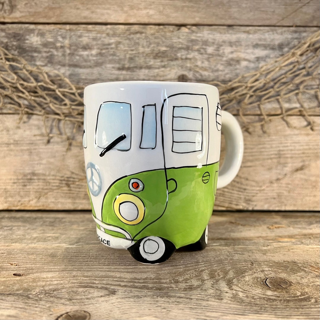 Whimsical 12 Oz. Hand-painted Green and White Glazed Ceramic “peace ...